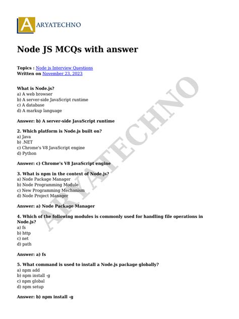Node Js Mcqs With Answer Pdf Java Script Computers