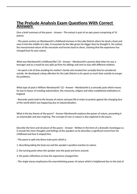 the prelude analysis exam questions with correct answers the prelude stuvia us
