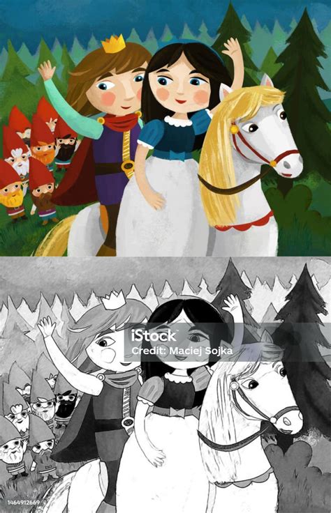 Cartoon Prinz Und Prinzessin Auf Dem Pferd Im Wald Illustration Stock