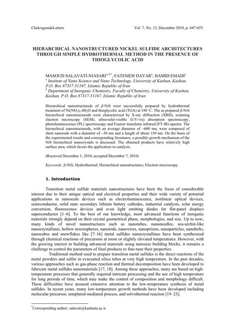 Pdf Hierarchical Nanostructured Nickel Sulfide Architectures Through