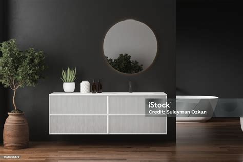 회색 벽 쪽모이 세공 마루 바닥 검은색 수도꼭지 서랍 벽에 매달린 타원형 거울 식물 욕조 화장실 비데가 있는 편안한 세면대가 있는 현대적인 어두운 욕실 3d 렌더링 0명에