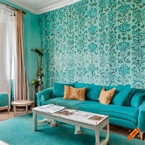 Turquoise Themed Living Room With Sofa Floor And Walls On Craiyon