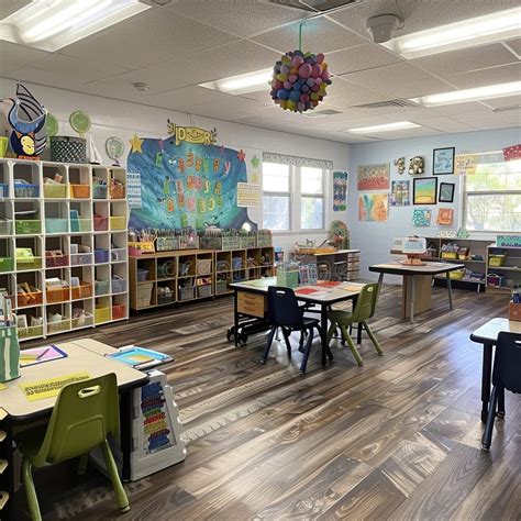 A Cheerful Elementary Classroom With Organized Desks Thematic Bulletin Boards Stock