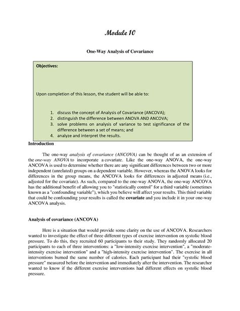 Module Analysis Of Covariance Module One Way Analysis Of Covariance Introduction The