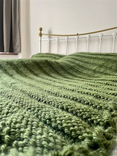 Hand Knitted Chunky Blanket Olive Green Striped Throw Etsy Uk