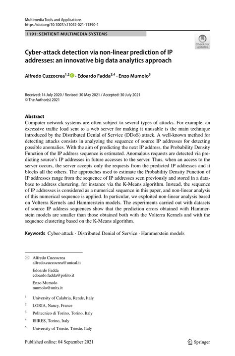 Pdf Cyber Attack Detection Via Non Linear Prediction Of Ip Addresses An Innovative Big Data
