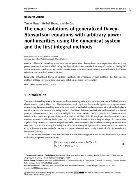 Pdf The Exact Solutions Of Generalized Davey Stewartson Equations With Arbitrary Power
