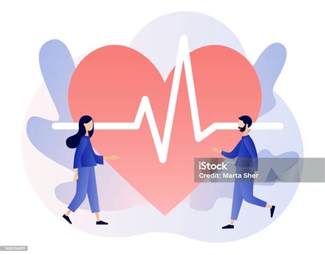 심장학 치료 및 검진 심장 건강과 질병 맥박수를 가진 큰 심장 의료 개념 현대 플랫 만화 스타일 흰색 배경에 벡터 일러스트 레이 션 개념에 대한 스톡 벡터 아트 및 기타
