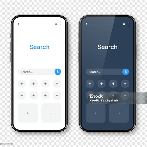 빈 인터넷 브라우저 창과 검색 창 다크 모드가있는 스마트 폰 검색 상자 주소 표시줄 및 텍스트 필드가 있는 웹 사이트 엔진 Ui 디자인 웹 사이트 인터페이스 요소 벡터 그림