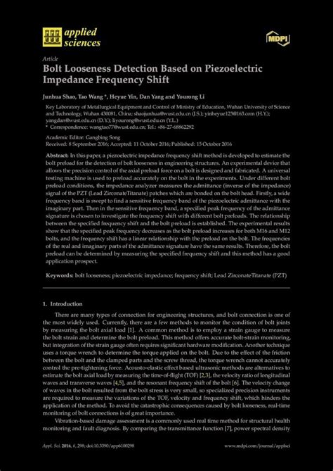 Pdf Bolt Looseness Detection Based On Piezoelectric Impedance Junhua Shao Tao Wang