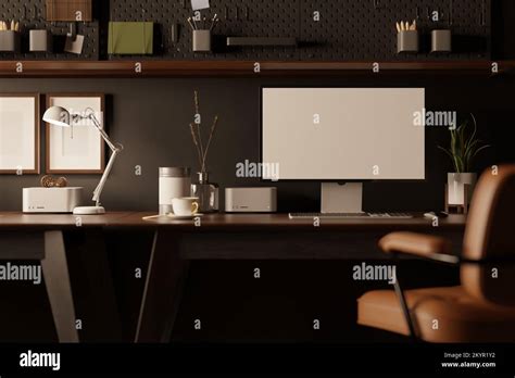 Modern Stylish Office Desk With Pc Desktop Computer Mockup Table Lamp And Stuff On Wooden