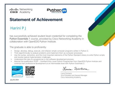 Harini P J On Linkedin I Am Excited To Announce That I Have Completed My Python Essentials 1 In