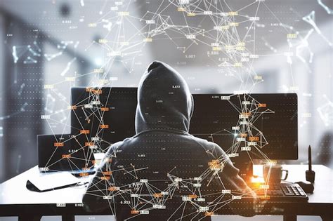 premium photo hacker at desktop using computers with creative glowing