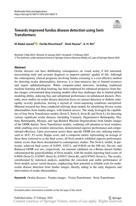 Towards Improved Fundus Disease Detection Using Swin Transformers Request PDF