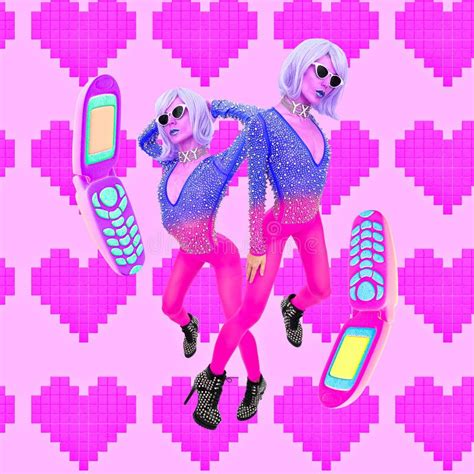 Contemporary Digital Collage Art Retro Girl Back In 90s Style Fashion Accessories And Clothing