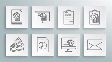 선 스택 지폐 현금 그래프 차트가 있는 보드 문서 컴퓨터 모니터 봉투 클립보드 이력서 및 아이콘을 설정합니다 벡터 0명에 대한