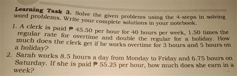 solved learning task 3 solve the given problems using the 4 steps in