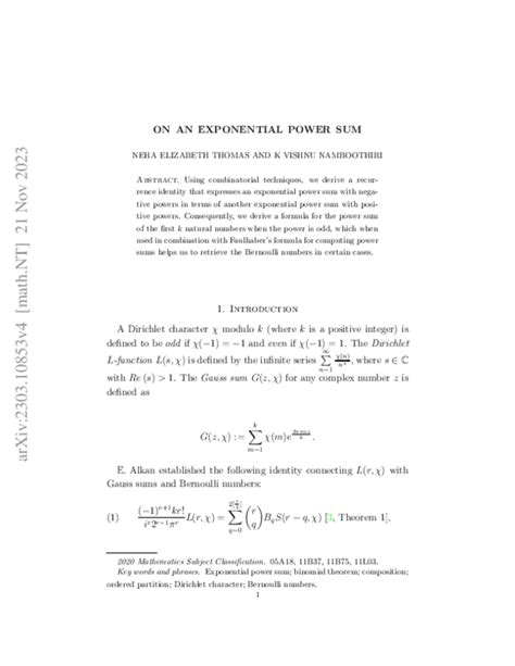 Pdf On An Exponential Power Sum