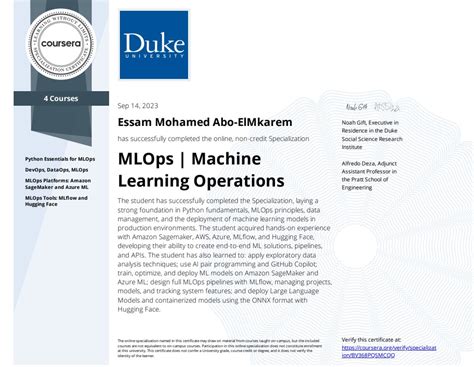 graduated from mlops specialization program by duke university learned