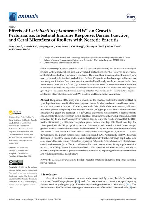 Pdf Effects Of Lactobacillus Plantarum Hw1 On Growth Performance Intestinal Immune Response