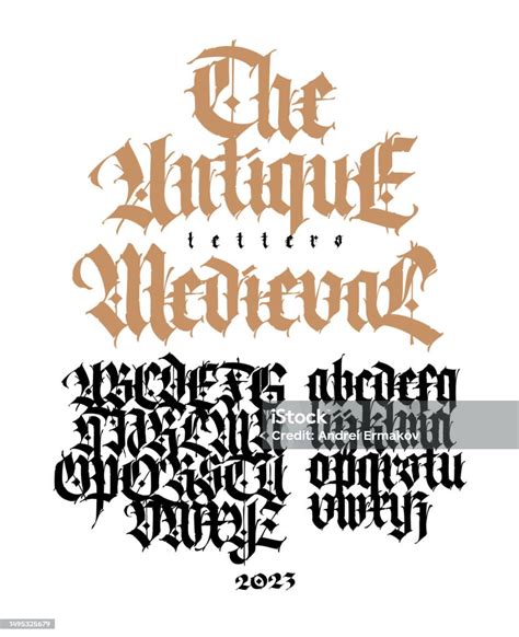 고딕 영어 알파벳 중세 라틴어 문자와 숫자 문신에 대한 징후와 기호 고대 유럽 스타일 서예와 글자 대문자와 소문자를 분리합니다 개체 그룹에 대한 스톡 벡터 아트 및 기타