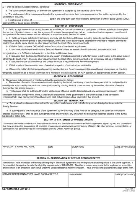 Da Form 5261 6 Selected Reserve Incentive Program Officer Accession