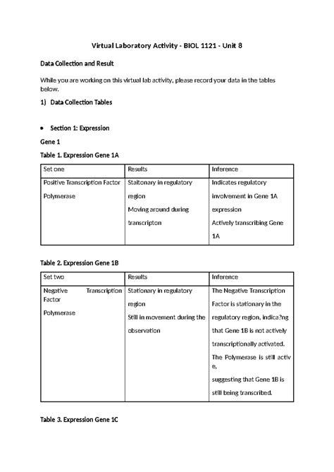 Virtual Lab Assignment Unit 8 Virtual Laboratory Activity Biol 1121 Unit 8 Data Collection