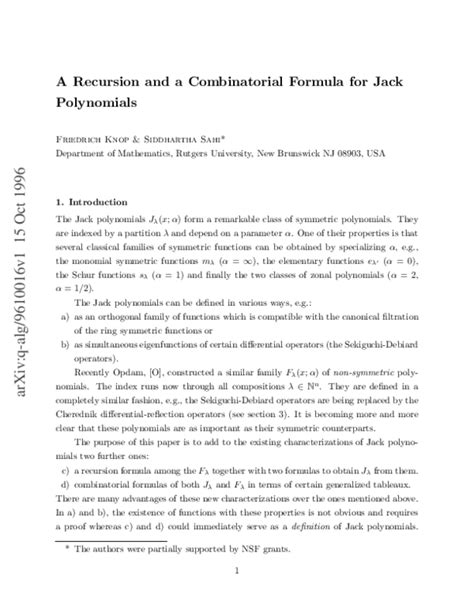 pdf a recursion and a combinatorial formula for jack polynomials