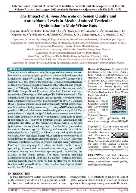 The Impact Of Annona Muricata On Semen Quality And Antioxidants Levels In Alcohol Induced