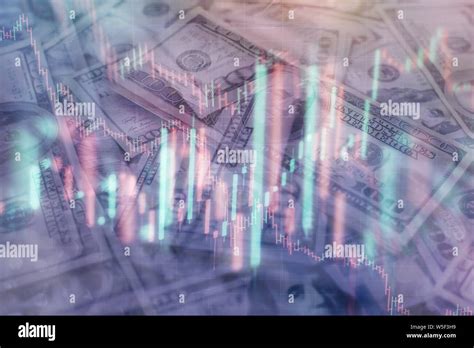 Financial Candlestick Chart With Line Graph And Stock Numbers On Gradient Blue Color Background
