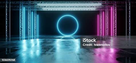 보라색과 파란색 빛나는 네온 관 조명으로 빛나는 네온 원형 모양의 빈 공간 벽지 배경 3d 렌더링 콘크리트 젖은 바닥에 공상 과학 미래 지향적인 현대 어두운 무대 구조 3