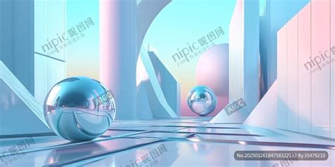 Ai创作图几何空间 金属球体 光影 建筑 线条 抽象 未来感 科技感 立体 反射 光泽 曲面 空间设计 艺术 昵图网