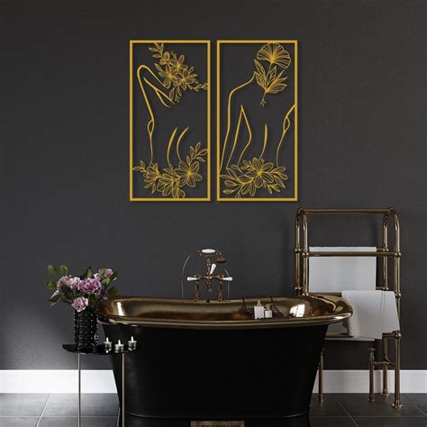 Nude Female Body Wall Art Set Of 2 Goldfemale Body Modern Line Art