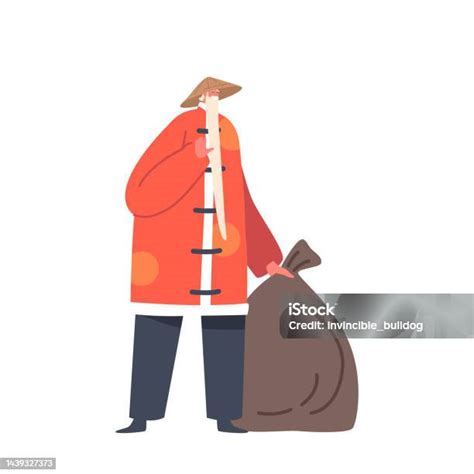 빨간 전통 동양 의상과 밀짚 모자를 쓴 아시아 산타 클로스는 흰색 배경에 고립 된 선물로 자루를 운반합니다 중국 문화에 대한 스톡 벡터 아트 및 기타 이미지 Istock