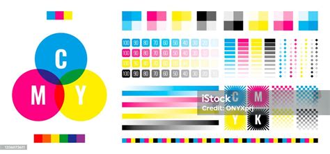 Cmyk 바 인쇄 집 프레스 등록 테스트 색상 표시 프린터 보정 다채로운 기호 화려한 벡터 세트 노란색 시안 흑백 인쇄공에 대한 스톡 벡터 아트 및 기타 이미지 Istock