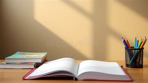 Empty Classroom With Open Notebooks And A Cup Of Pencils On The Desk