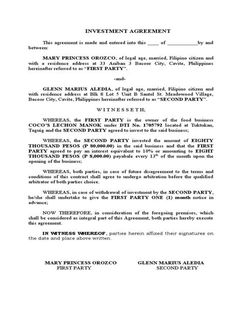 》printable Investment Agreement Template