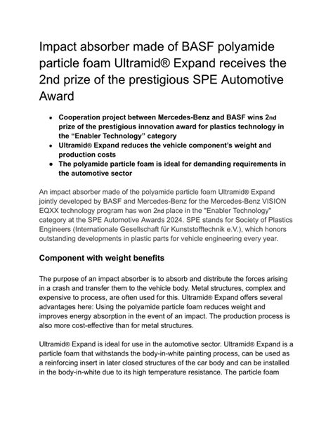 Ppt Impact Absorber Made Of Basf Polyamide Particle Foam Ultramid® Expand Receives The 2nd