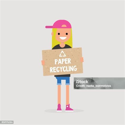 종이 재활용 개념 그림 분리를 낭비 종이 재사용 생태학입니다 젊은 여성 캐릭터의 한 조각을 들고 재활용 종이 평면 벡터 일러스트 레이 션 클립 아트 편집 가능한 벡터입니다