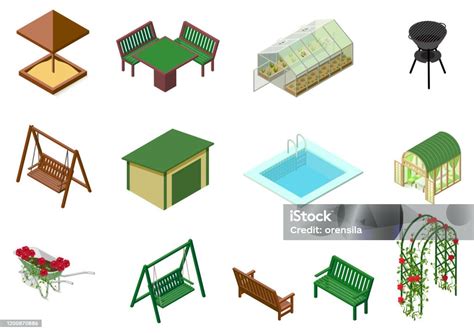 정원 아키텍처 개체 3d 등각 투영 그림입니다 샌드 박스 테이블 의자 그네 트롤리 온실 꽃 벤치 수영장 바베큐 및 화단 장미 수영장 스포츠 경기장에 대한 스톡 벡터 아트 및