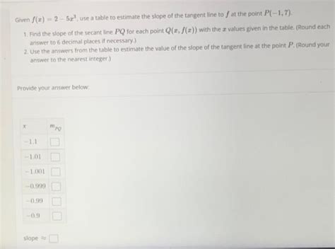 solved given f x 2−5x3 use a table to estimate the slope