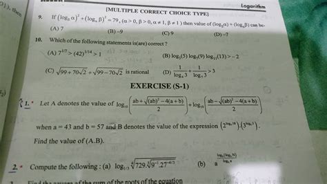 exercise s 1 1 let a denotes the value of log {10} left frac{a b s