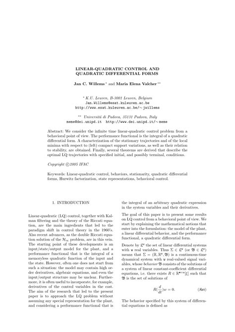pdf linear quadratic control and quadratic differential forms
