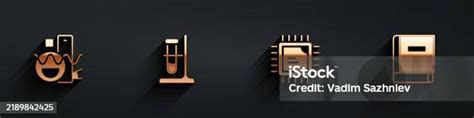 기본 기하학적 모양 스탠드에 있는 시험관 플라스크 프로세서 Cpu 및 긴 그림자가 있는 과학 책 아이콘을 설정합니다 벡터 건강 검진에 대한 스톡 벡터 아트 및 기타 이미지