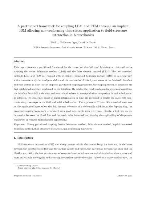 Pdf A Partitioned Framework For Coupling Lbm And Fem Through An