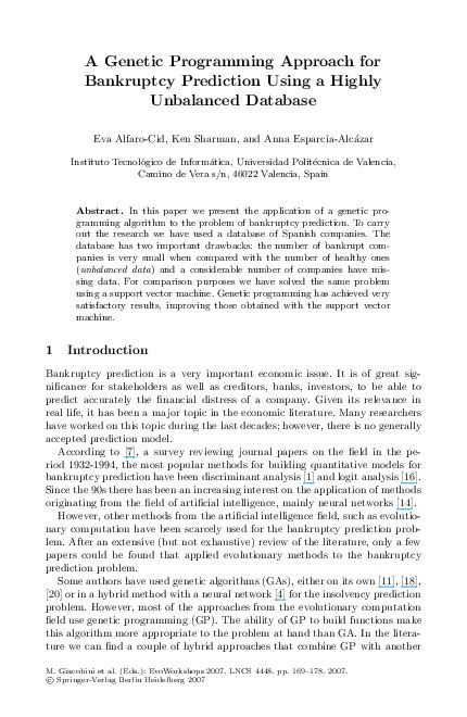 Pdf A Genetic Programming Approach For Bankruptcy Prediction Using A Highly Unbalanced Database