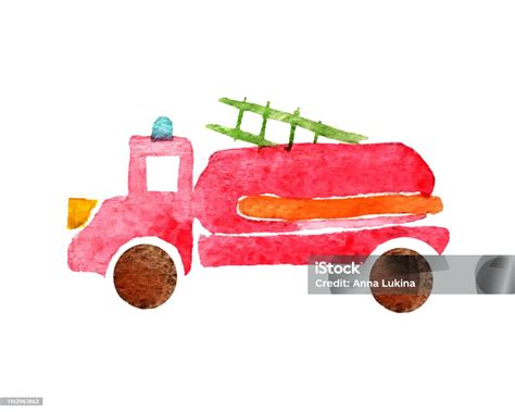 고립 된 흰색 배경에 간단한 소방차의 수채화 그림 어린이 스타일입니다 드로잉에 대한 스톡 벡터 아트 및 기타 이미지 드로잉