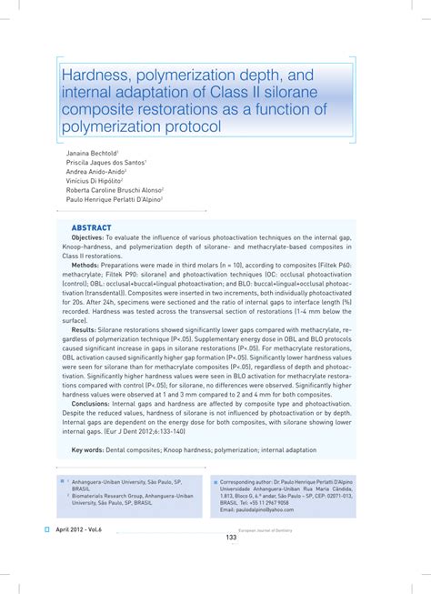 Pdf Hardness Polymerization Depth And Internal Adaptation Of Class Ii Silorane Composite