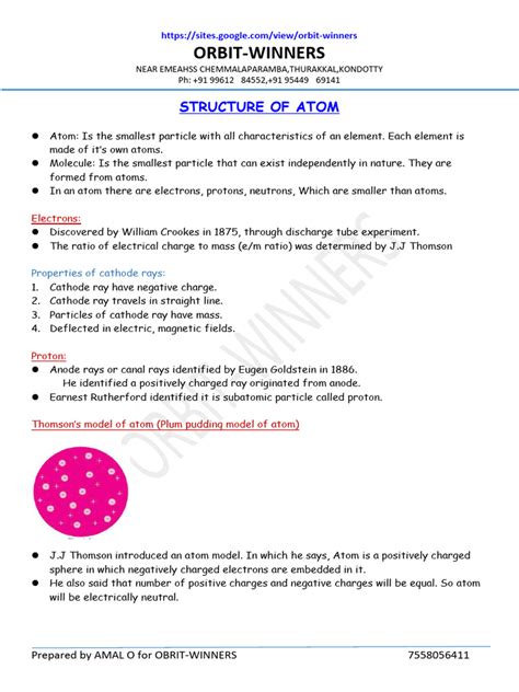 Class 9 Chemistry Structure Of Atom Notes Pdf Atoms Atomic Nucleus