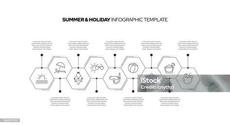 아이콘과 여름과 휴일 개념 벡터 라인 인포 그래픽 디자인 프리젠 테이션 배너 워크플로 레이아웃 흐름 차트 등을위한 9 가지 옵션 또는 단계 0명에 대한 스톡 벡터 아트 및